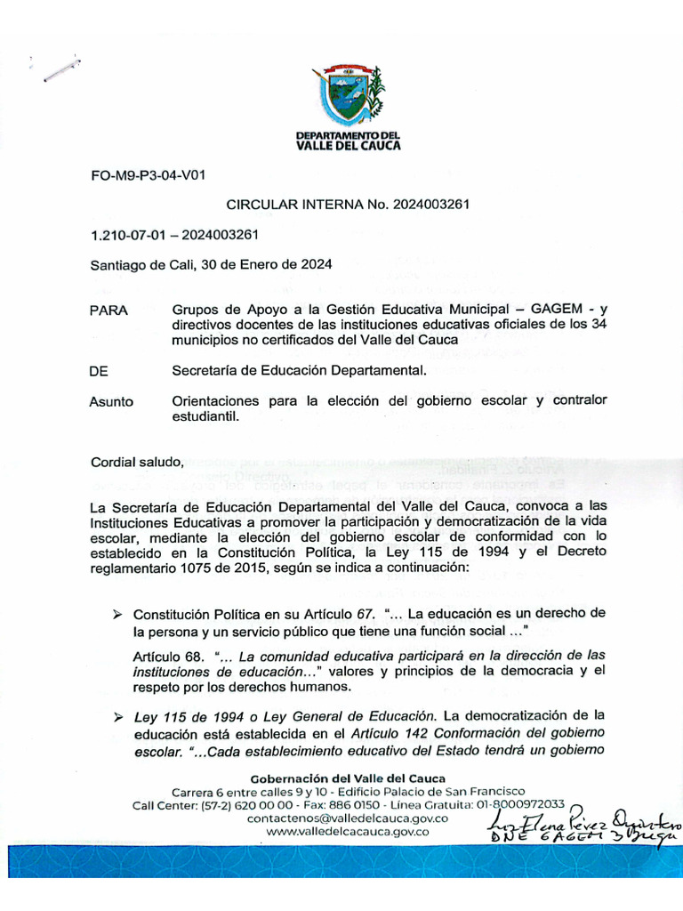 Circular Gobierno Escolar 2024 | PDF