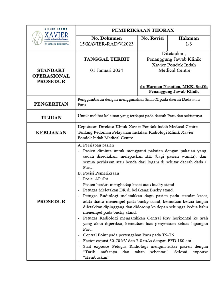 SOP Pemeriksaan Thorax di Klinik Xavier | PDF | Sains & Matematika