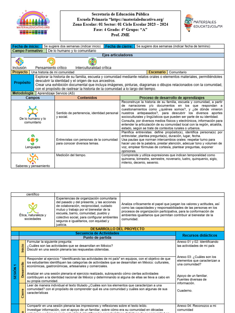 Planeación4togrado Una Historia De Mi Comunidad Pdf Aprendizaje