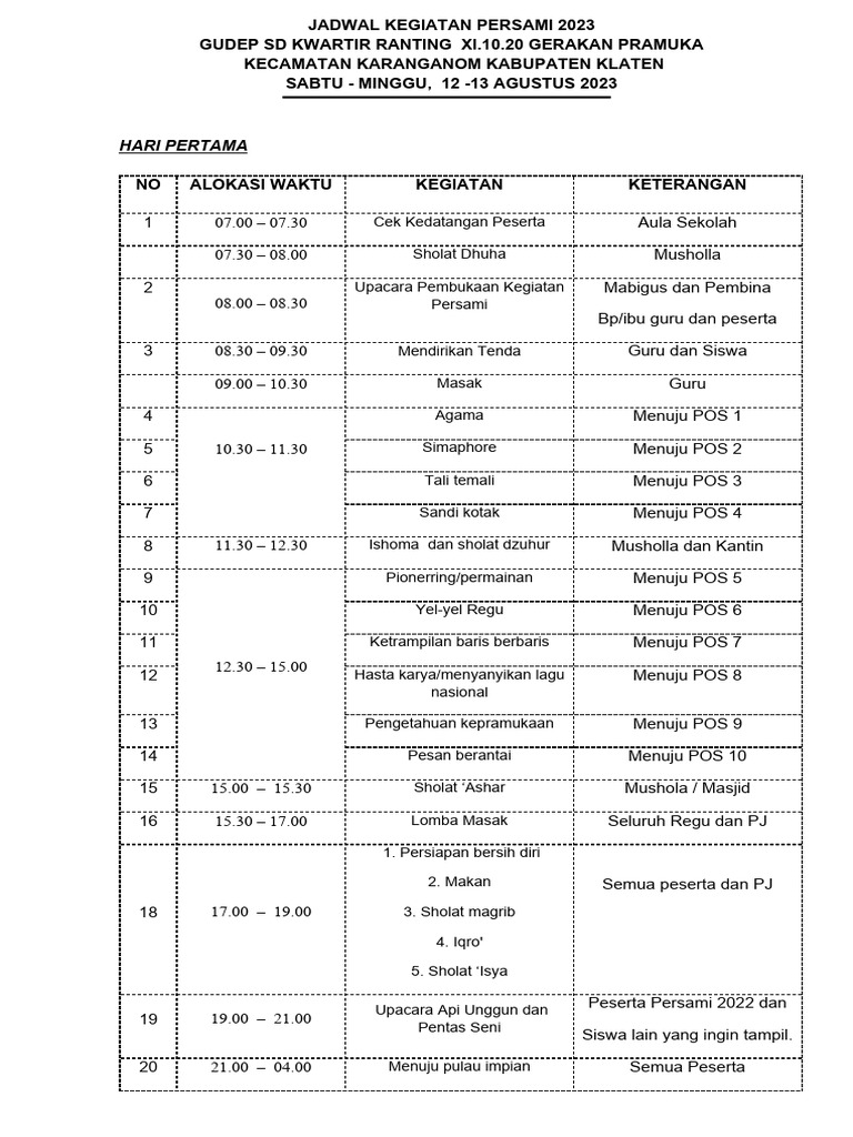 Jadwal Kegiatan Persami 2023 | PDF