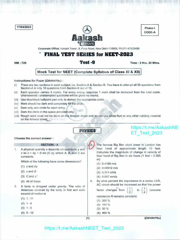 FTS - 09 (Code A) - @aakash - Test - Papers - 2023 | PDF
