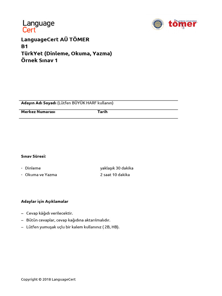 b1 Practice Paper Turkyet | PDF