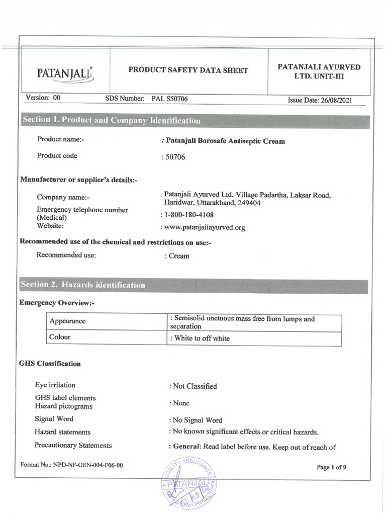 PSDS of Patanjali Borosafe Antiseptic Cream | PDF