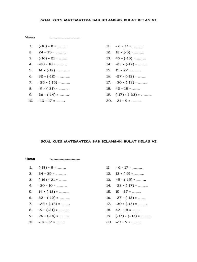 Soal Kuis Matematika Bab Bilangan Bulat Kelas Vi | PDF
