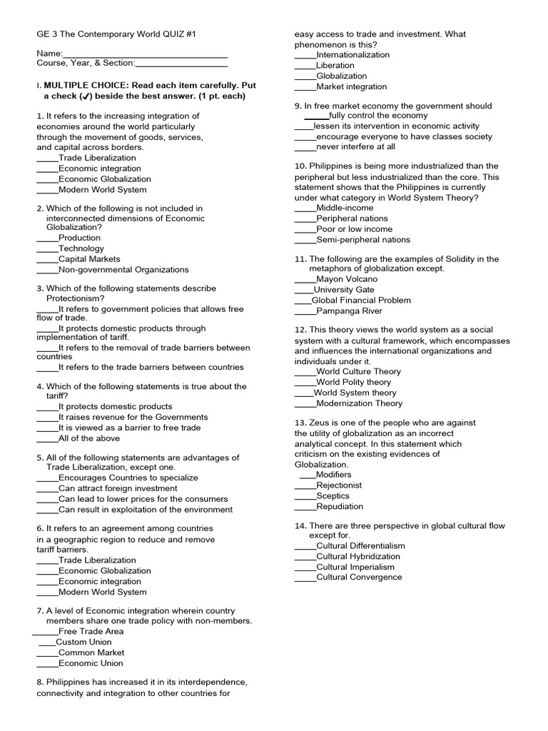 GE 3 The Contemporary World QUIZ 1 | PDF | Globalization | Free Trade