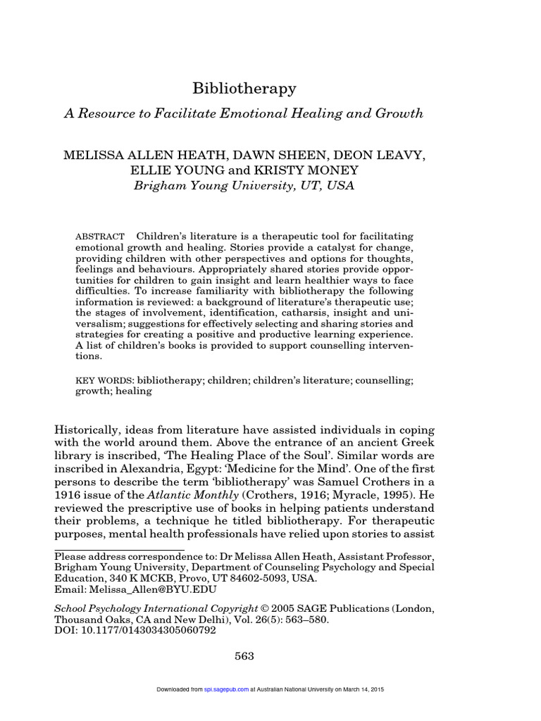 Bibliotherapy: A Resource To Facilitate Emotional Healing and Growth ...