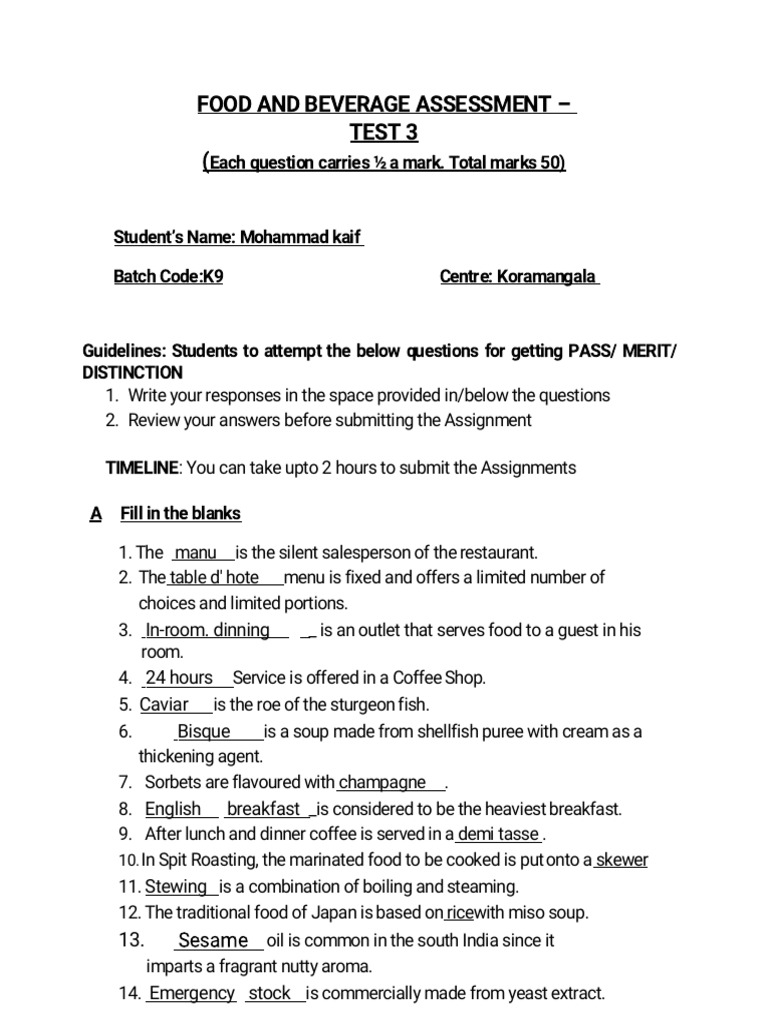 Food and Beverage Assessment Test | PDF | Sauce | Salad