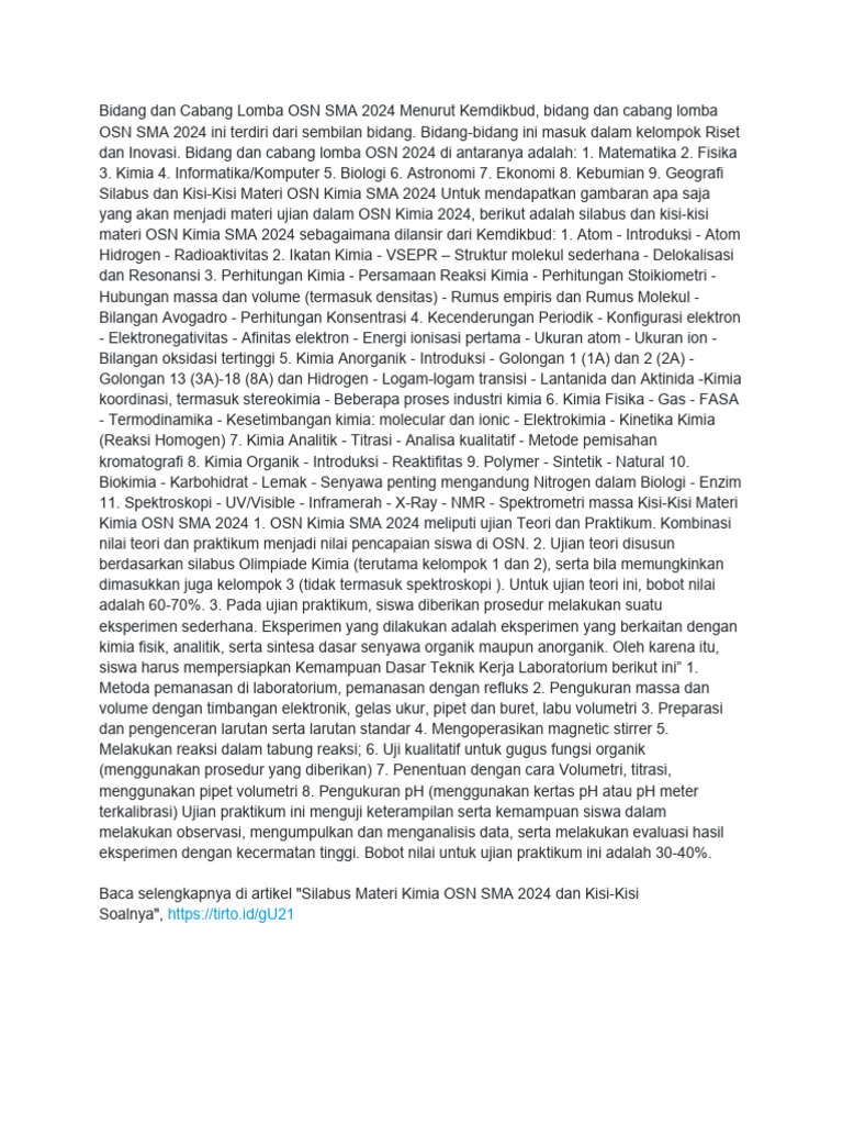 Bidang Dan Cabang Lomba OSN SMA 2024 Menurut Kemdikbud | PDF