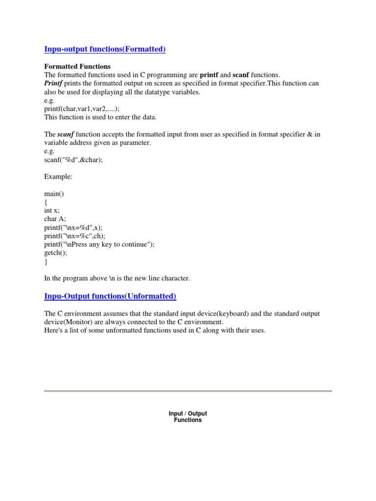 An Overview Of Formatted And Unformatted Input Output Functions In C Programming Pdf