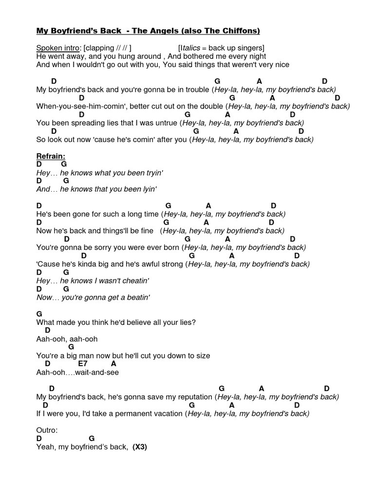 My Boyfriend's Back Lyrics & Chords | PDF | Language Arts & Discipline