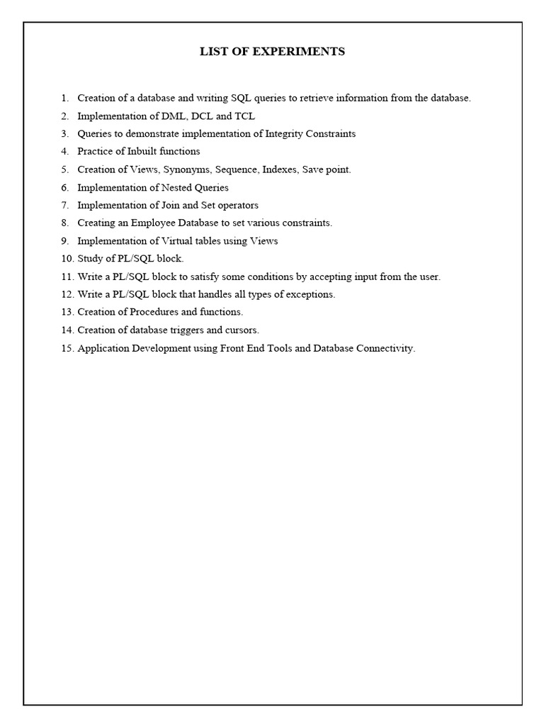 List of Experiments-1-2 | Download Free PDF | Pl/Sql | Sql
