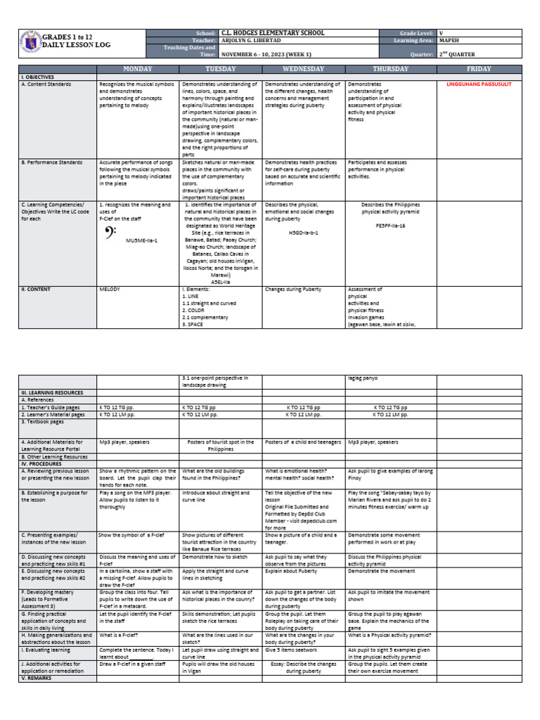 DLL - Mapeh 5 - Q2 - W1 | PDF | Learning | Cognition