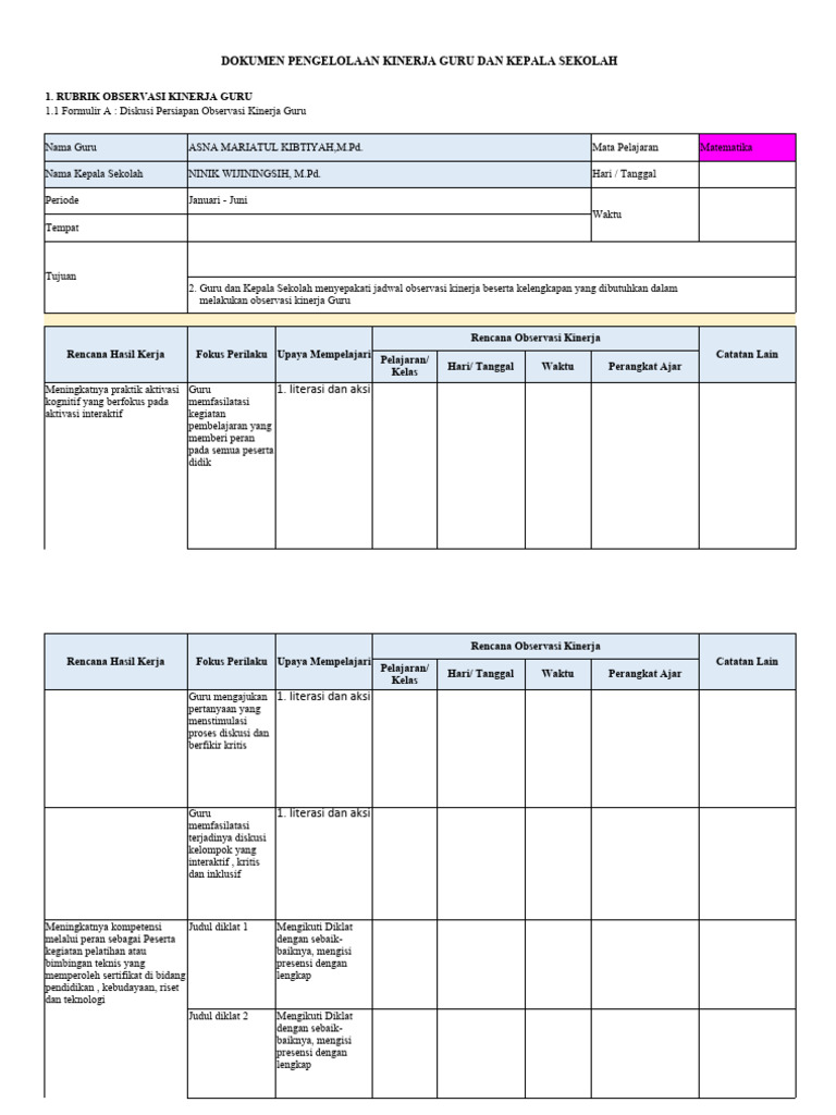 (CONTOH ISI) Form Observasi Kinerja Guru | PDF