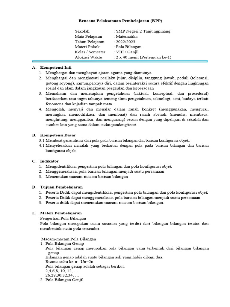 RPP KELAS 8 (Pola Bilangan) | PDF