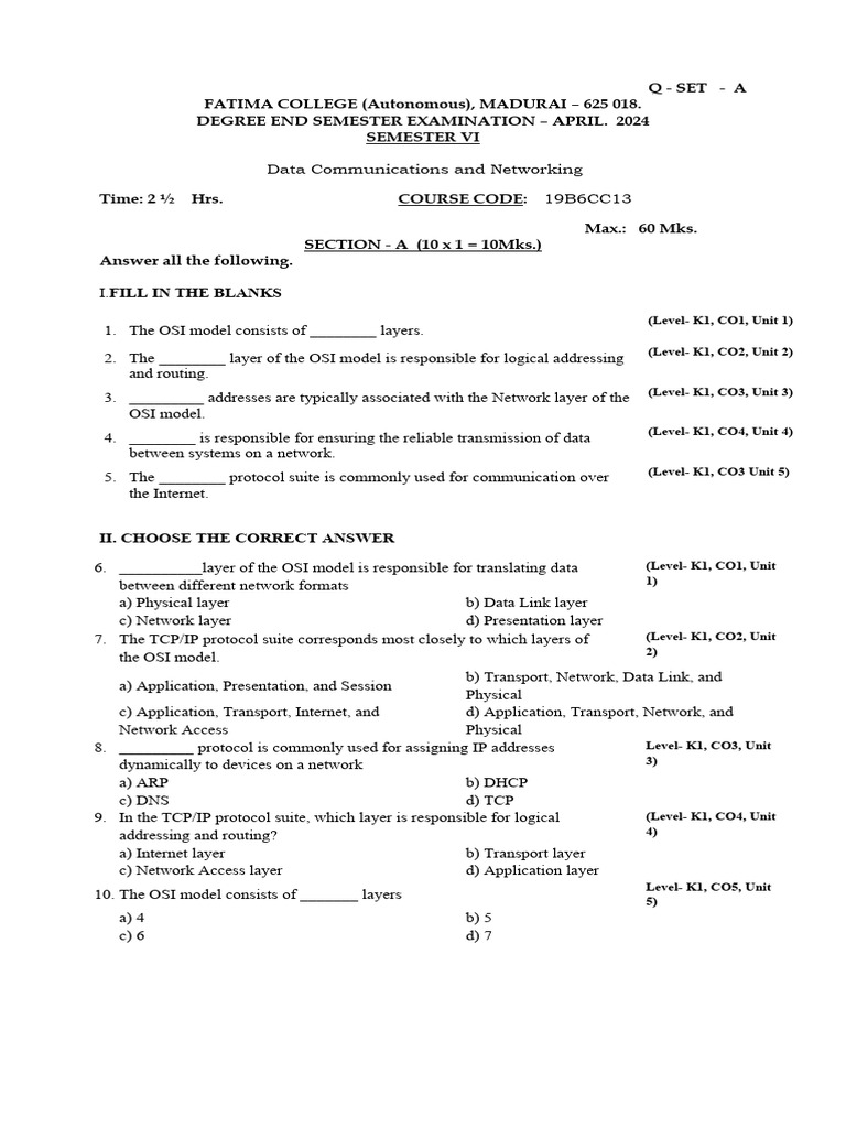 Question & Key Set A | PDF | I Pv6 | Computer Network