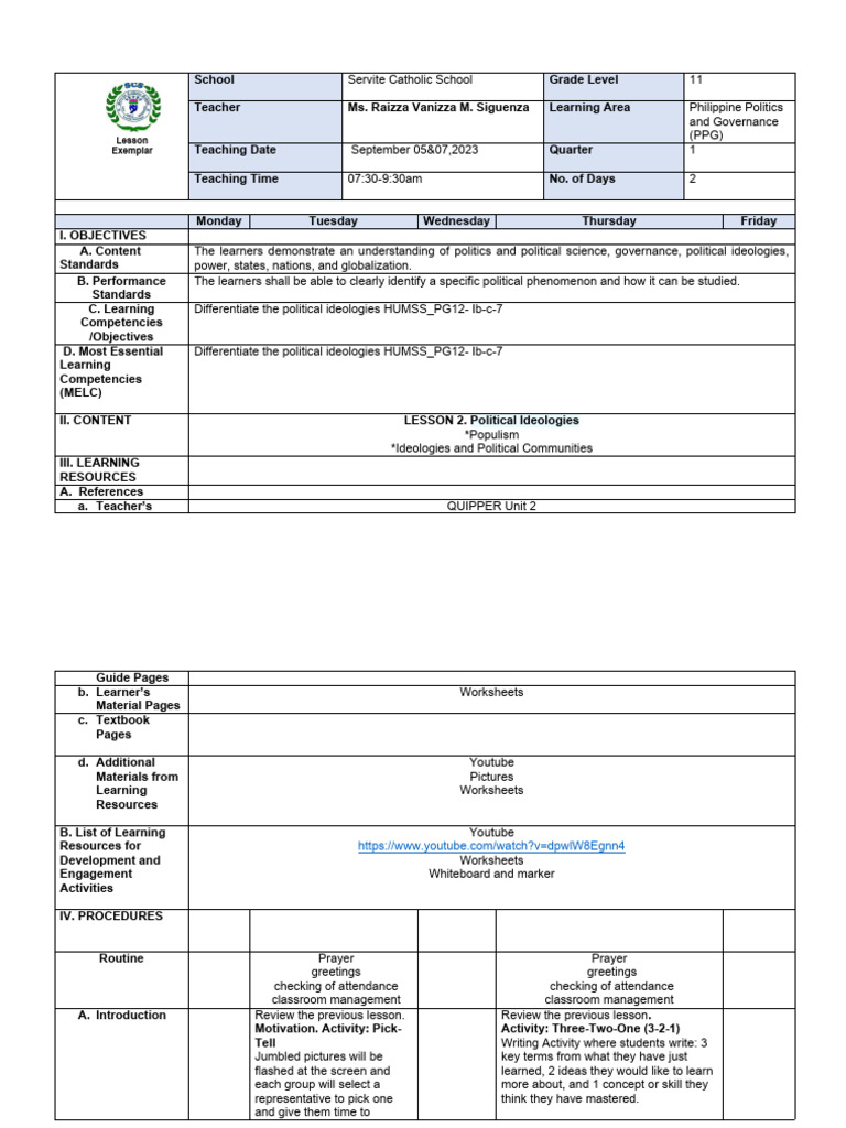 PPG Lesson 2 WEEK 3 | PDF | Learning | Ideologies
