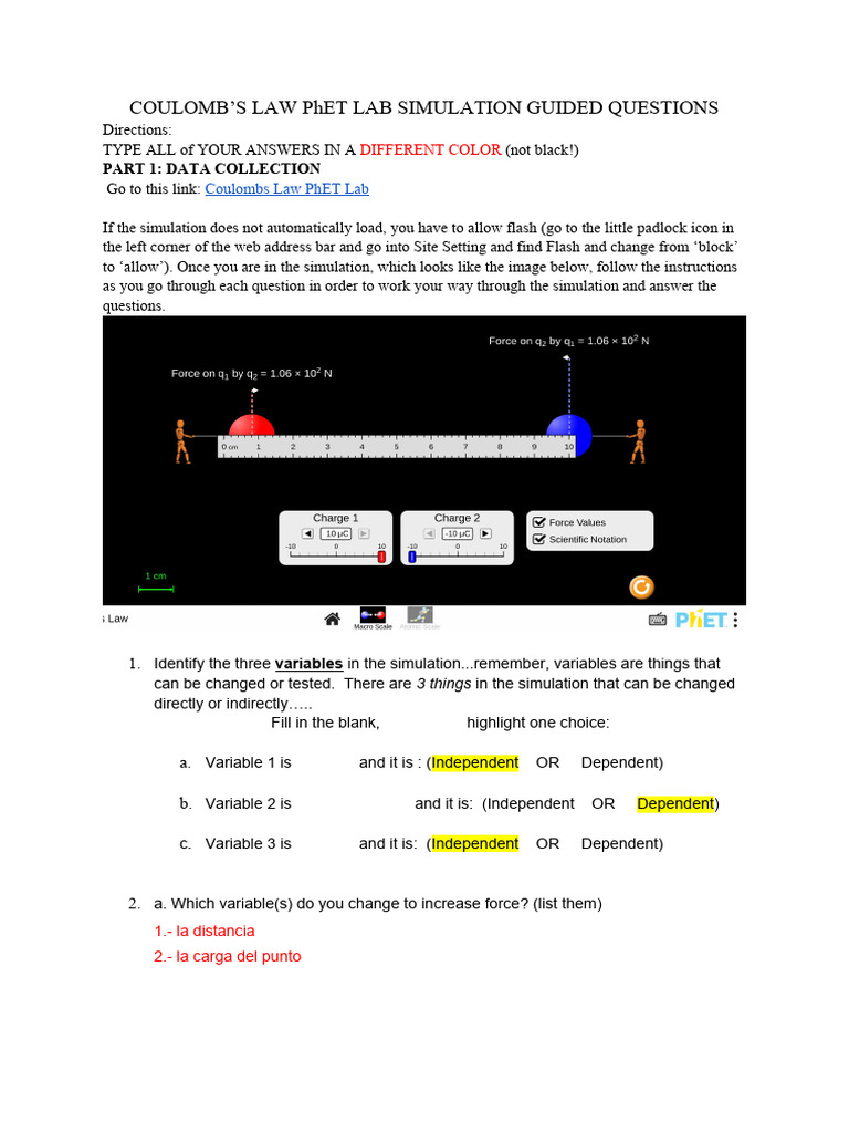 Coulomb's Law PhET Lab Guide | PDF | Spreadsheet | Force
