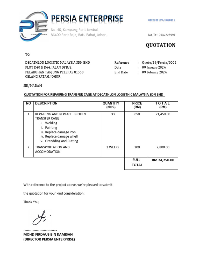 Repair Transfer Cage Quotation | PDF