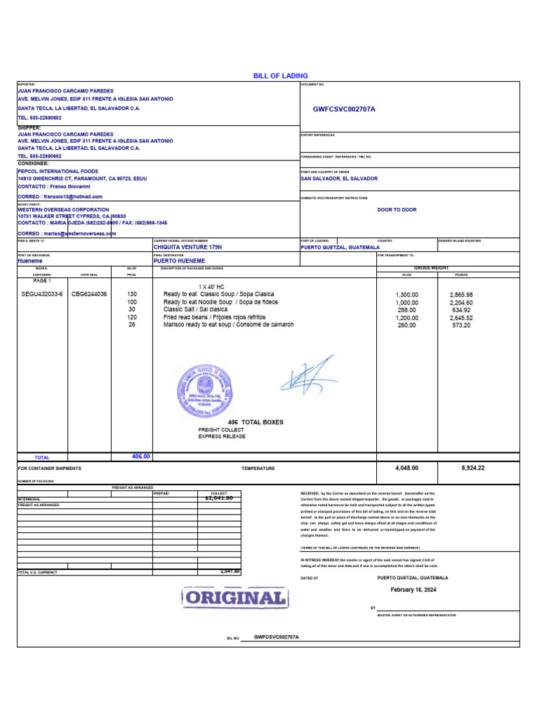 Pepcol Foods Shipment from Guatemala | PDF | Cargo | Bill Of Lading