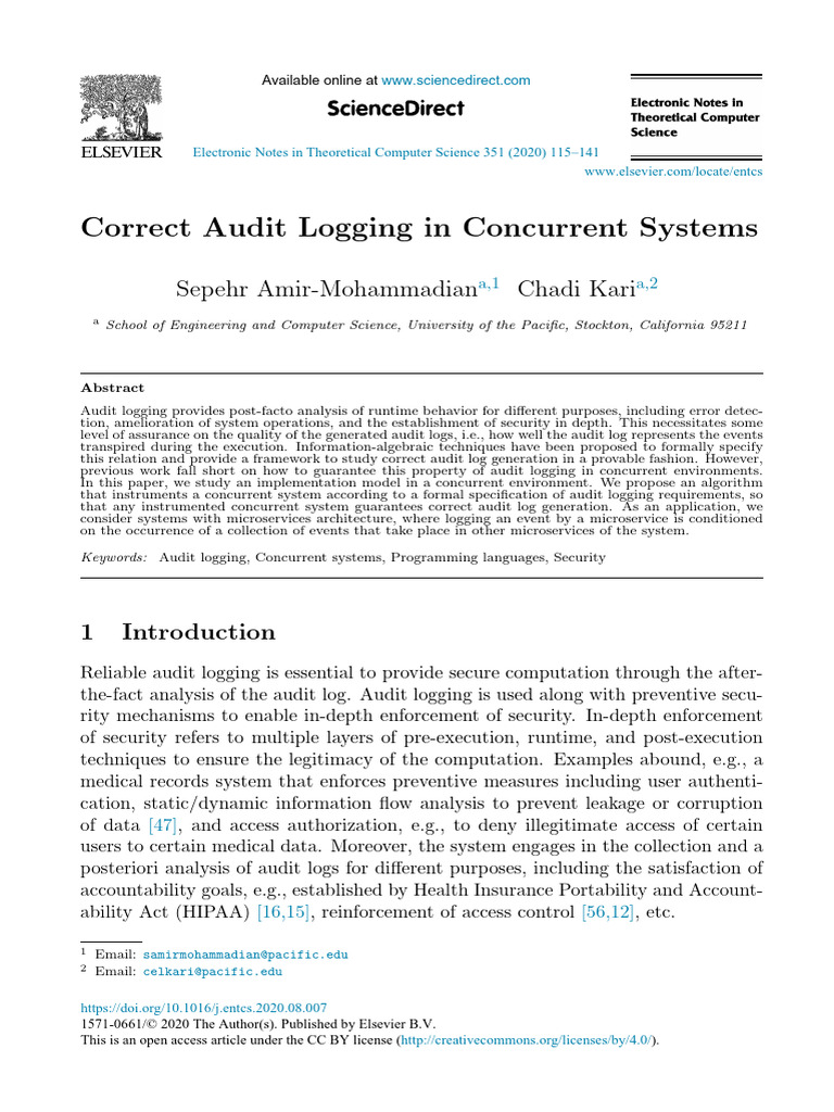 Correct Audit Logging in Concurren - 2020 - Electronic Notes in ...