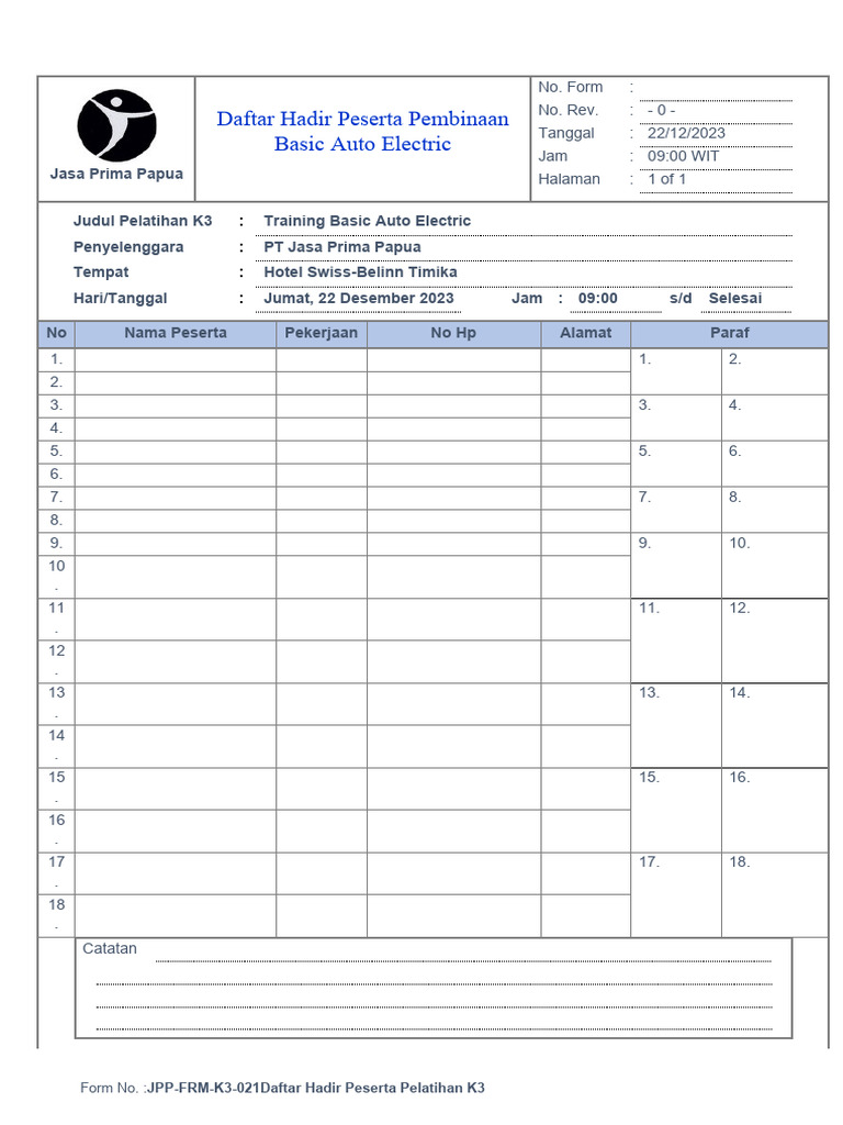Daftar Hadir Pelatihan K3 Auto Electric | PDF | Teknologi & Rekayasa