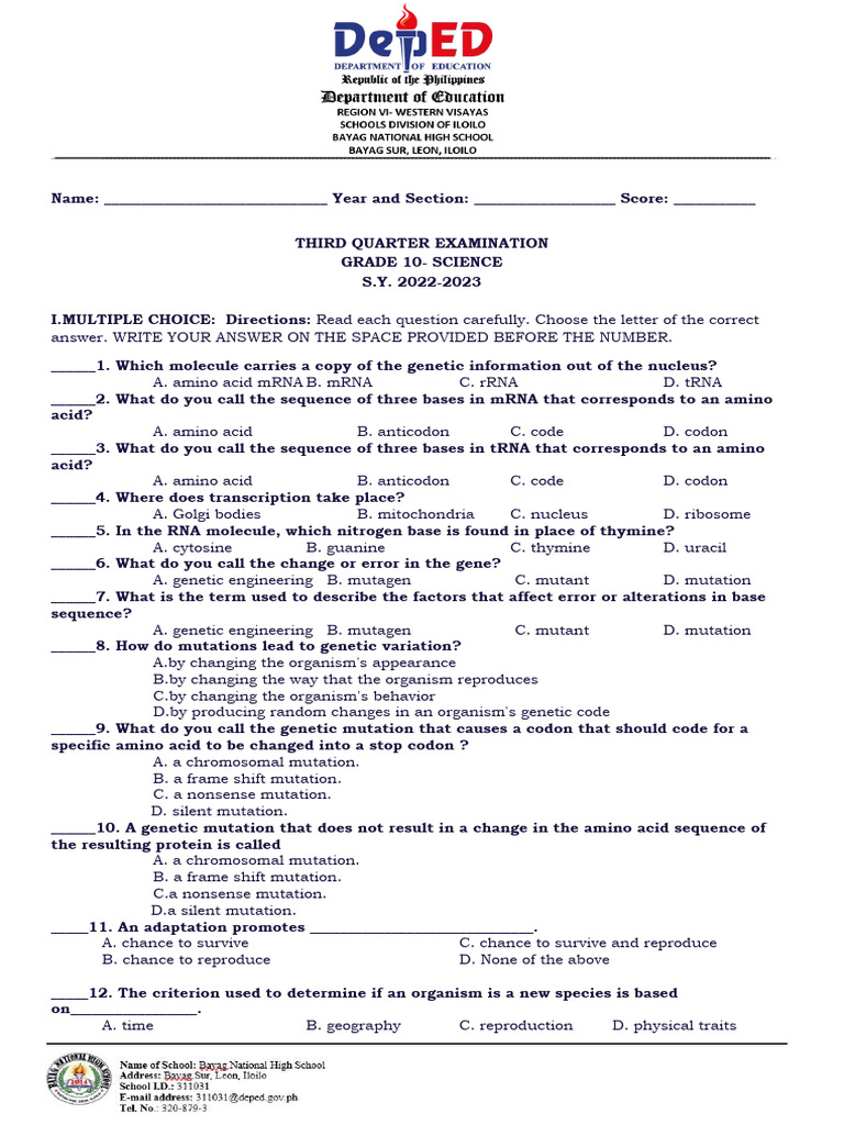 SCIENCE 10 - 3rd QUARTER EXAM | PDF | Evolution | Genetics