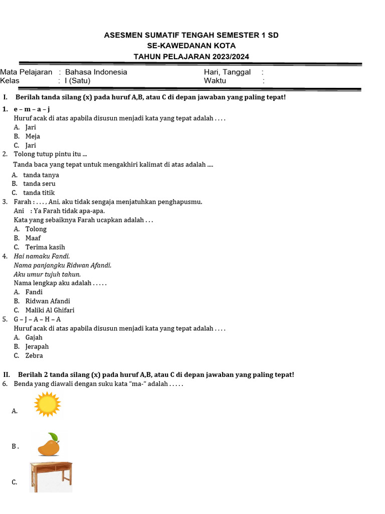 Soal STS 2 Bahasa Indonesia Kelas 1 | PDF
