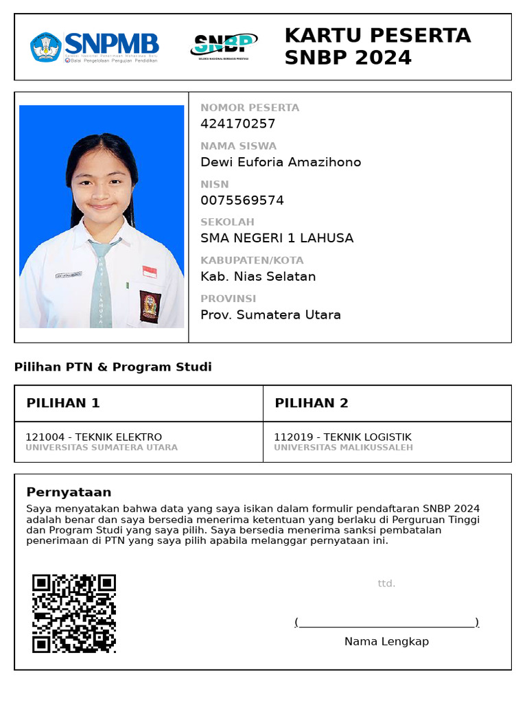 Kartu Peserta SNBP 2024 | PDF Kartu Peserta SNBP 2024 | PDF