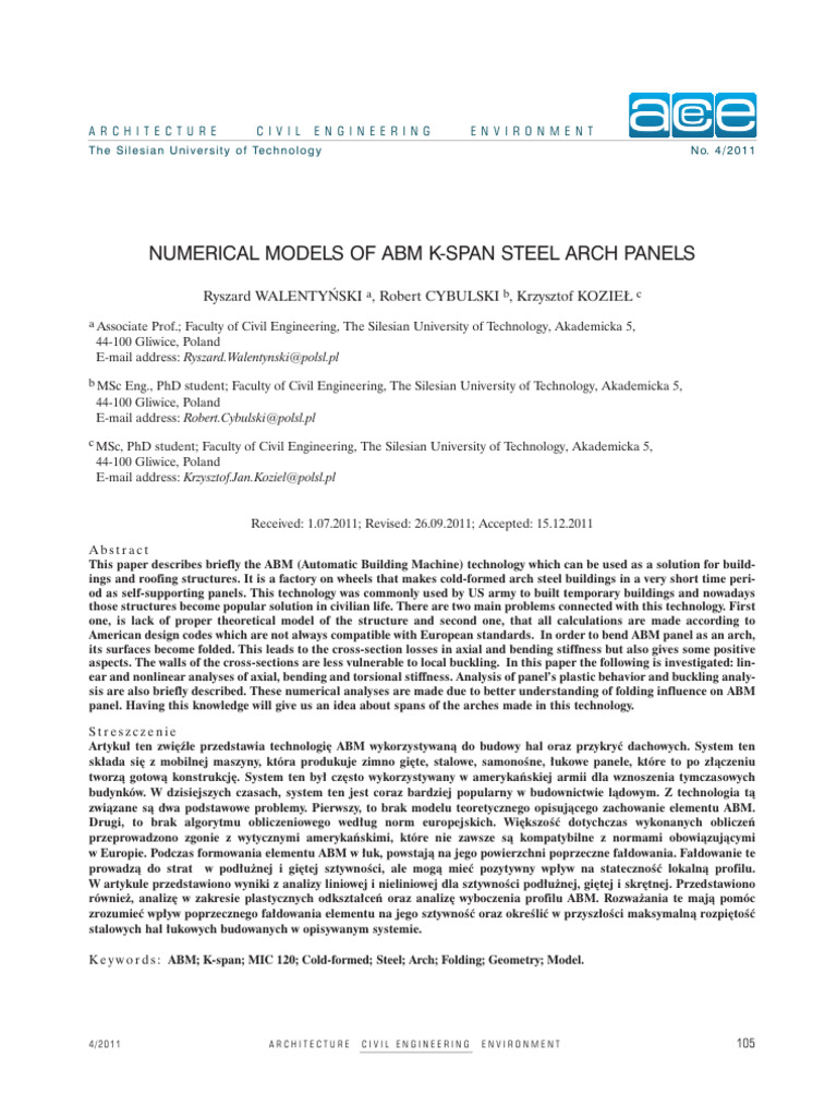Acee 2011-4 Ce R - Walentynski R - Cybulski K - Koziel - NUMERICAL MODELS OF ABM K-SPAN STEEL ...