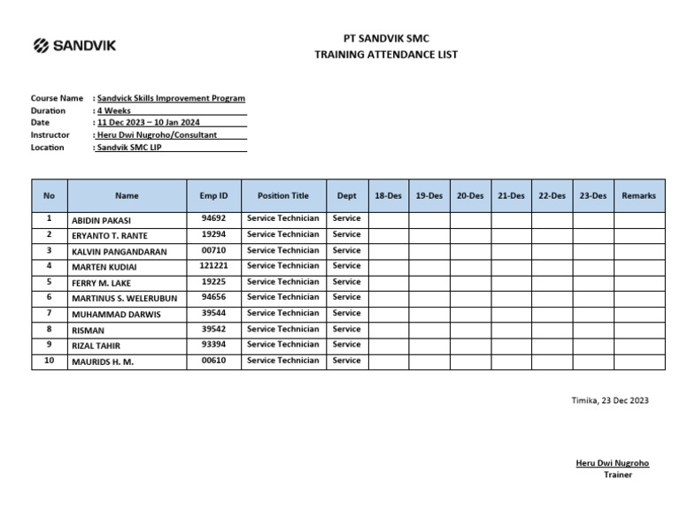 Form Absensi - PT SANDVIK SMC | PDF