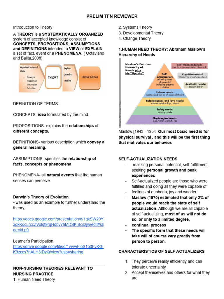 Prelim TFN Reviewer | Download Free PDF | Self Actualization | Theory