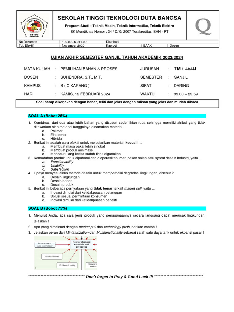 Soal UAS Pemilihan Bahan Dan Proses - STTDB - Ganjil 2023-2024 | PDF ...