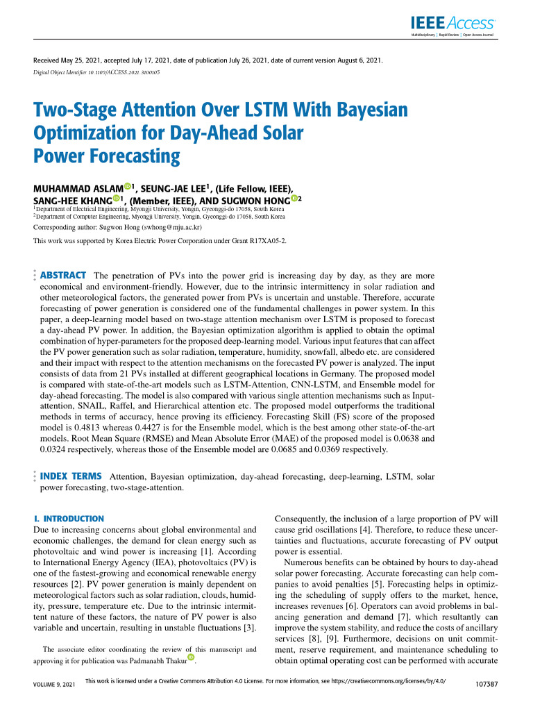 Two-Stage Attention Over LSTM With Bayesian Optimization For Day-Ahead Solar Power Forecasting ...