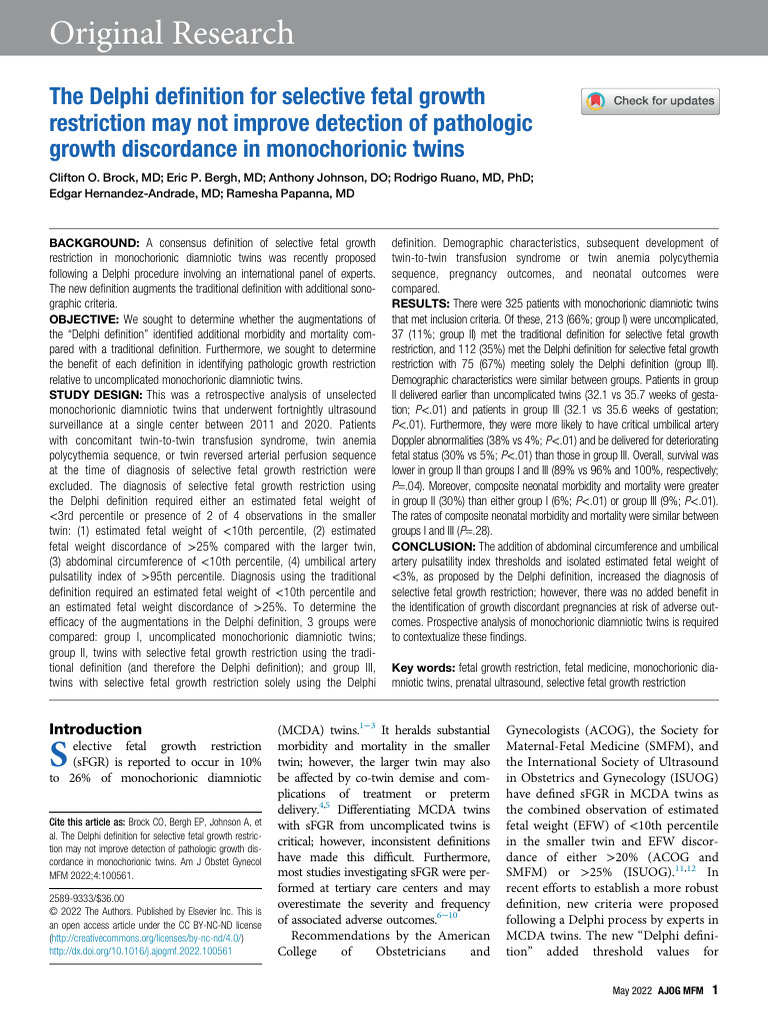 The Delphi Definition For Selective Fetal Growth Restriction May Not ...