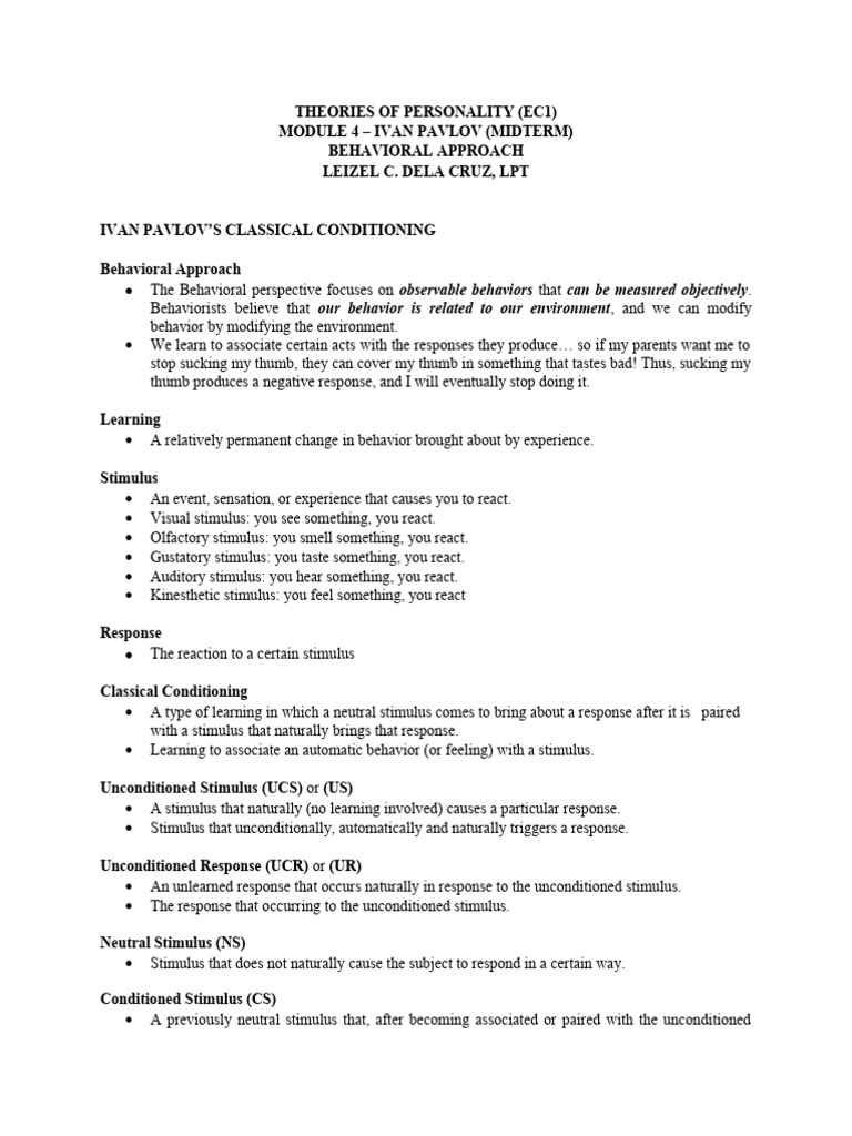 Module 4 - Pavlov | PDF | Classical Conditioning | Cognitive Psychology