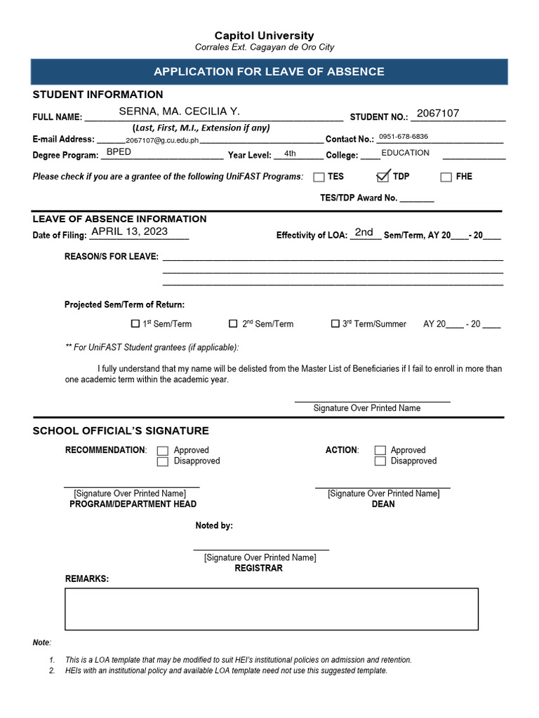 Capitol University Leave of Absence Form | PDF | Finance & Money Management