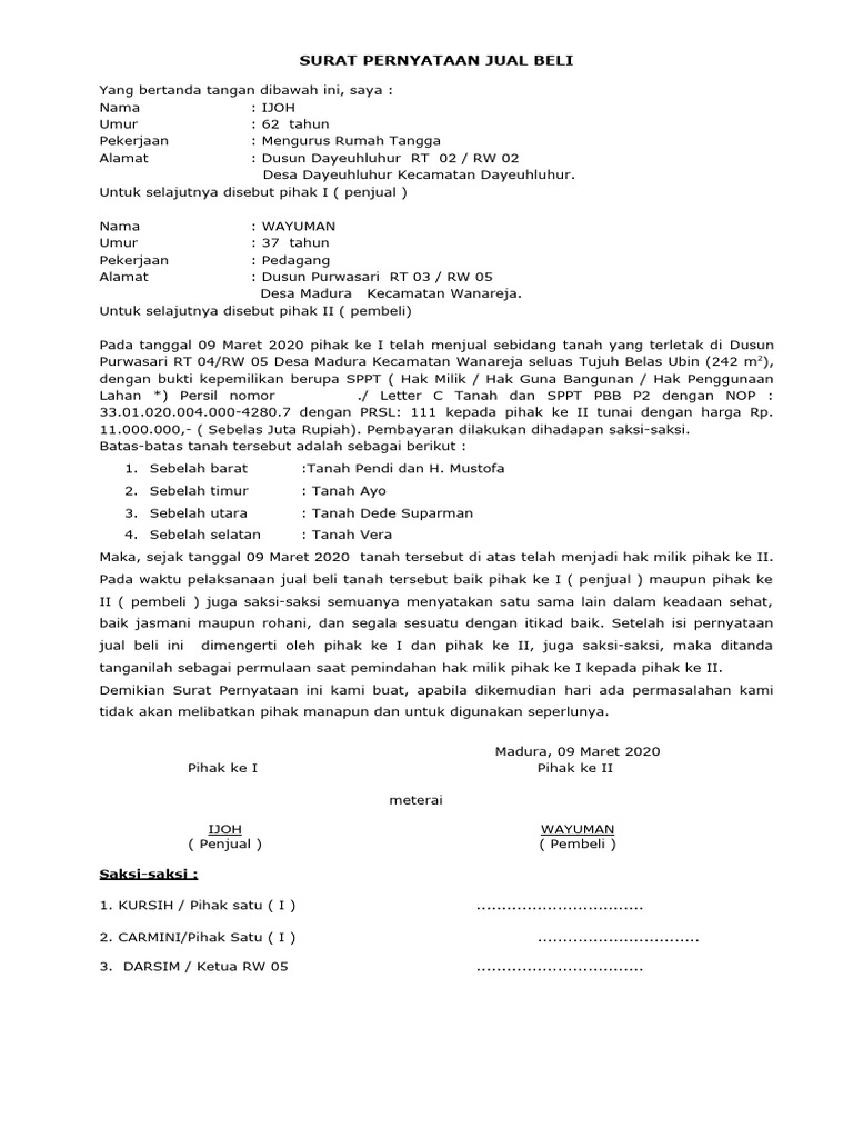 Surat Pernyataan Jual Beli | PDF