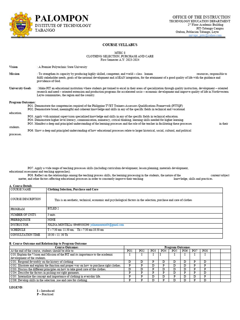 Clothing Selection Purchase And Care Syllabus01 PDF Vocational