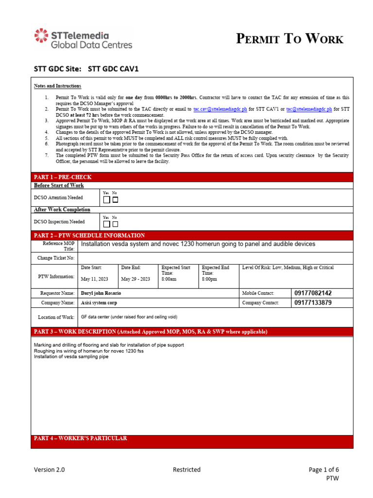 STT GDC Sea - Dco.sg - Dcso Form 006 Permit To Work v2.0 | PDF | Security Alarm | Public Safety