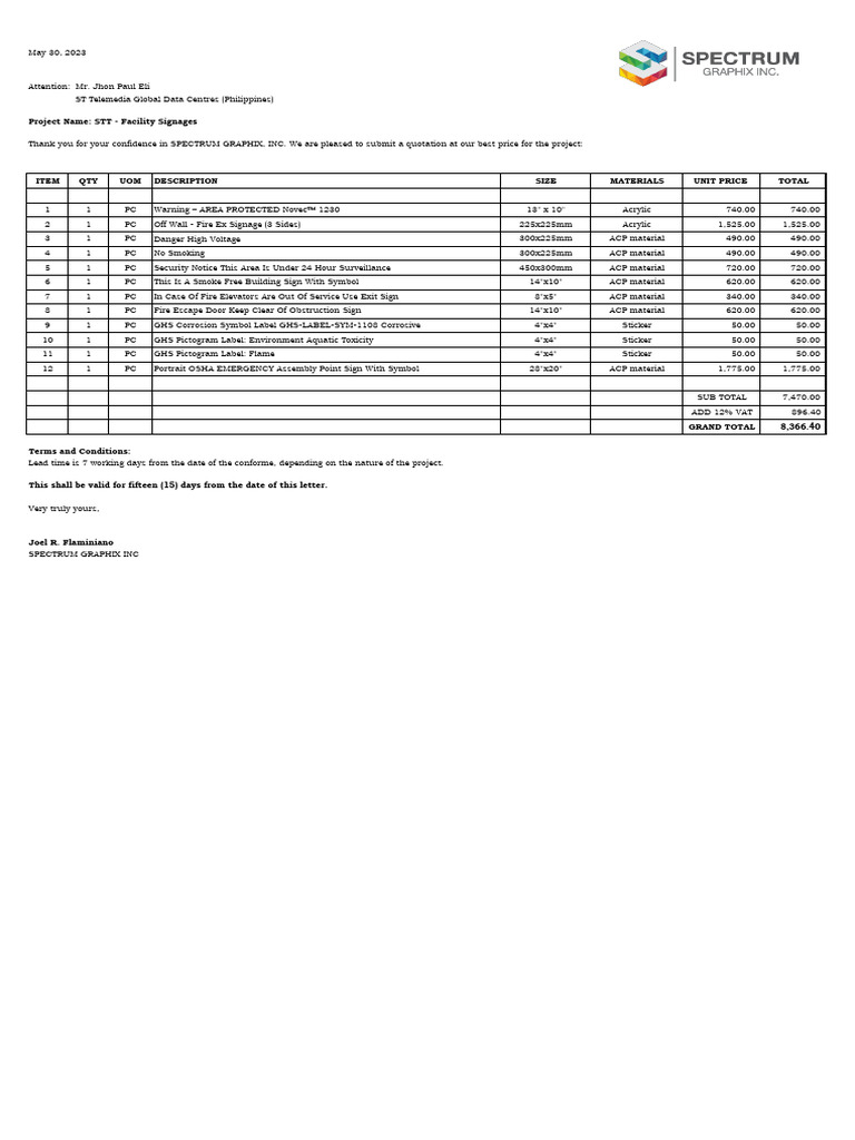 Quotation For STT - Facility Signages | PDF | Hazards | Occupational ...