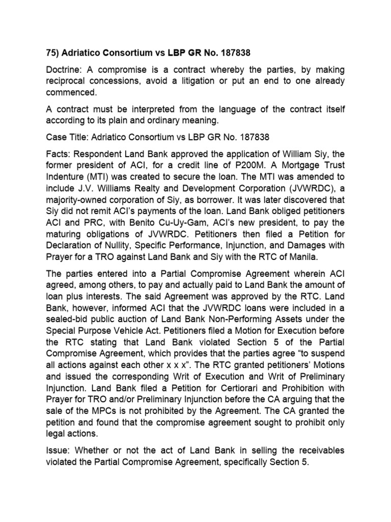 Adriatico Consortium Vs LBP GR No. 187838 | Download Free PDF | Loans | Injunction