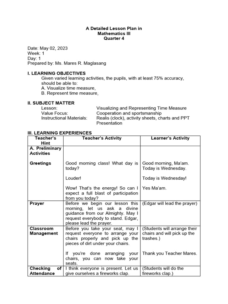 A Detailed Lesson Plan in Math | PDF | Lesson Plan | Teachers