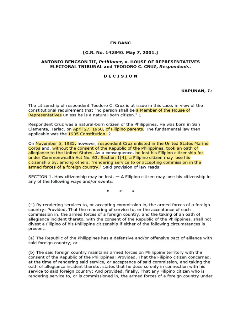 Bengson Vs HRET - Before RA 9225 | PDF | Naturalization | Citizenship