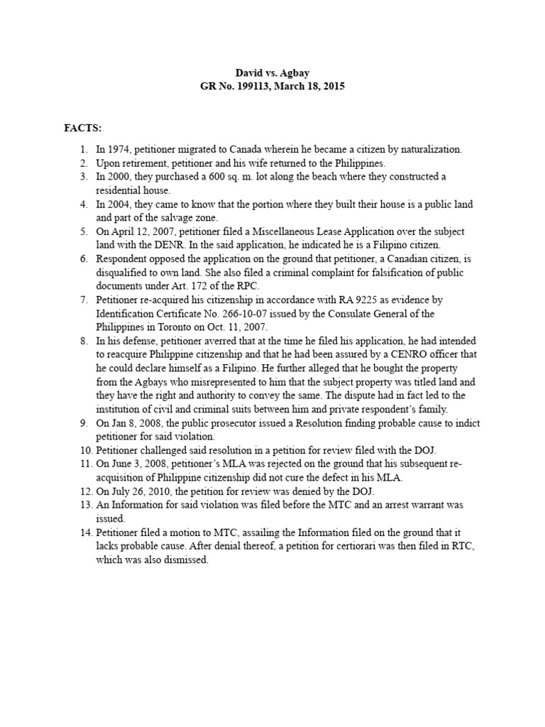 David Vs Agbay | PDF | Naturalization | Citizenship
