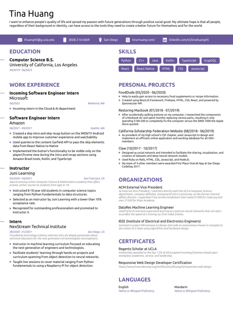 Tina Huang UCLA Resume | PDF | Computer Science | Java Script
