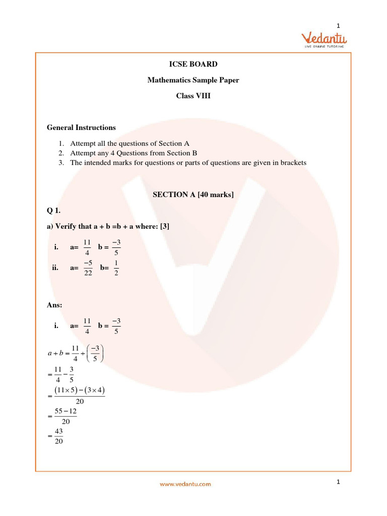 ICSE Sample Papers For Class 8 Mathematics Paper 1 (2023-24) | PDF ...