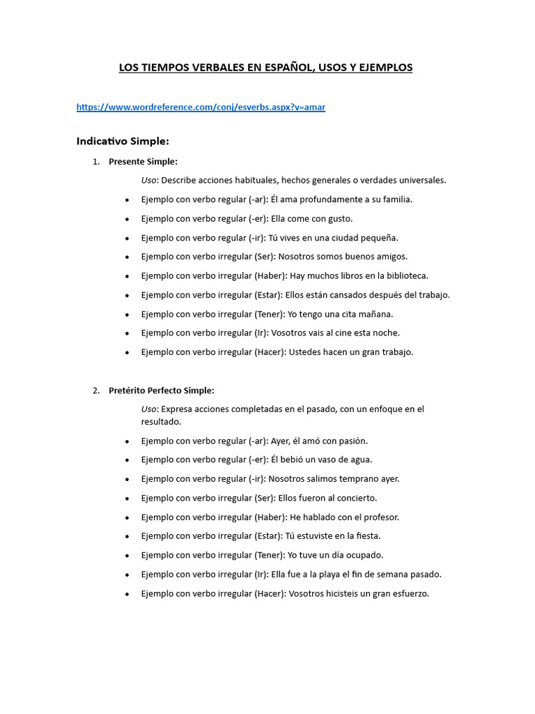 Los Tiempos Verbales - Sus Usos + Ejemplos | PDF | Verbo | Tipología ...