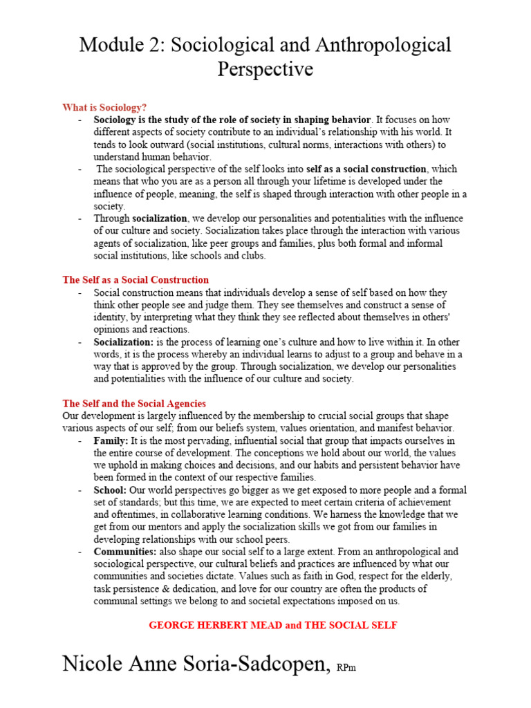 Module 2. Sociological and Anthropological Perspective | PDF | Self ...