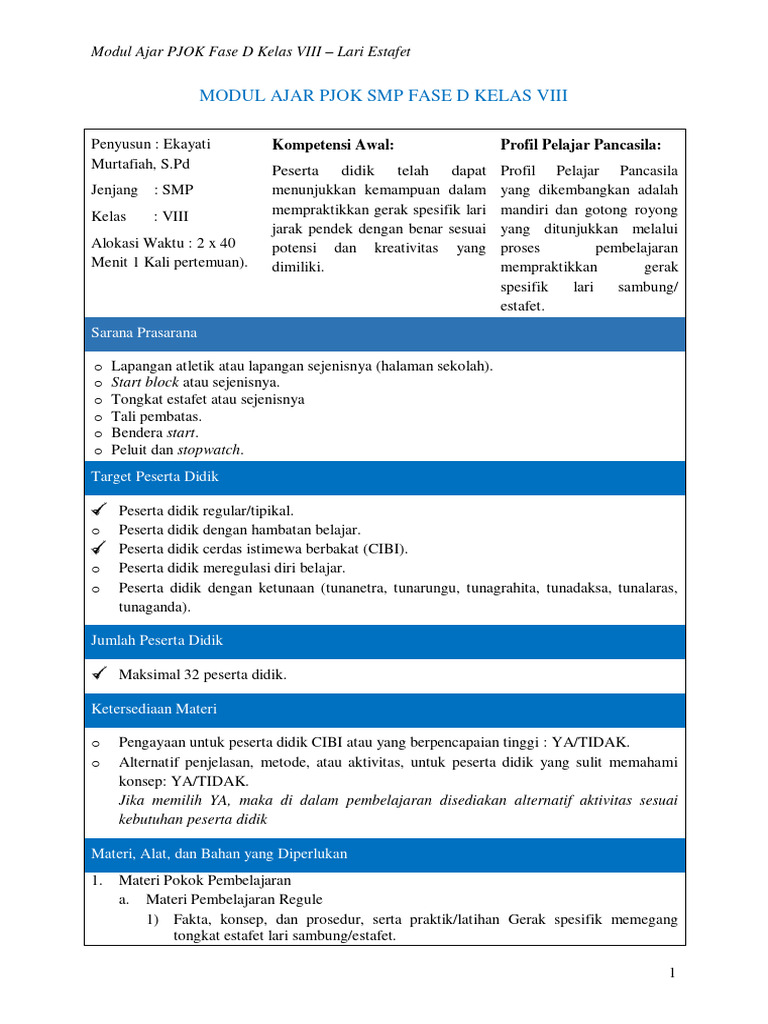 PJOK - MODUL - LARI SAMBUNG - SMP - D - VIII - Eka | PDF
