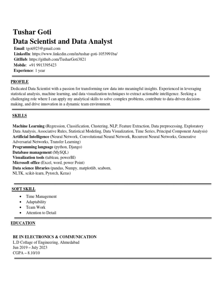 Tushar CV | PDF | Machine Learning | Data Analysis